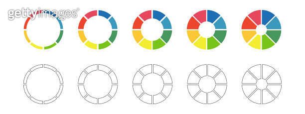 Donut charts, pies segmented on 8 equal parts. Wheels divided in eight ...