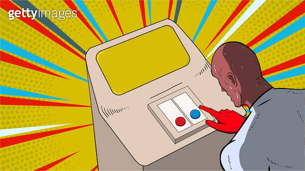 Vector Pop Art Sweating African American Superhero Choosing Button Meme ...