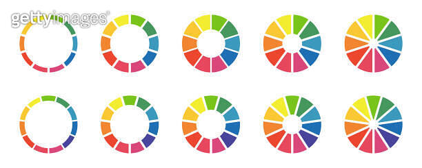 Donut color charts, pies segmented on 10, 11 equal parts. Diagrams ...