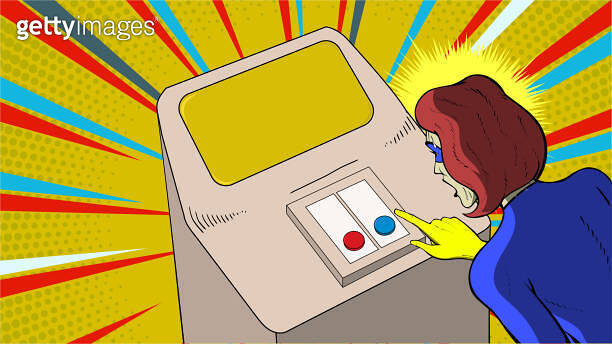 Vector Pop Art Sweating Female Superhero Choosing Button Meme Stock ...