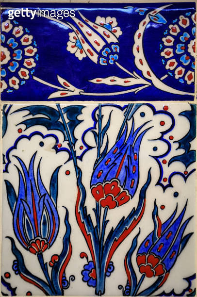 Ornate blue Turkish Iznik tiles with floral Islamic patterns in ...