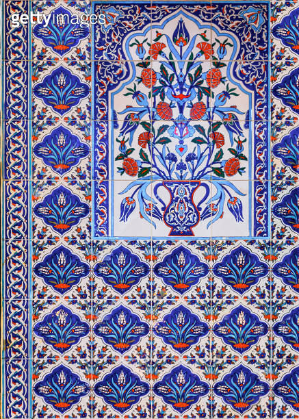 Ornate blue Turkish Iznik tiles with floral Islamic patterns in ...