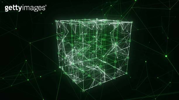 Space futuristic cube. Network connection structure cyberspace with moving particles and lines ...
