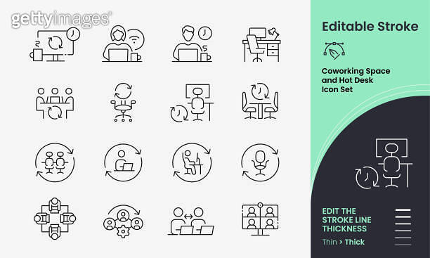 Hot desk and co-working office vector icon set containing 16 editable ...