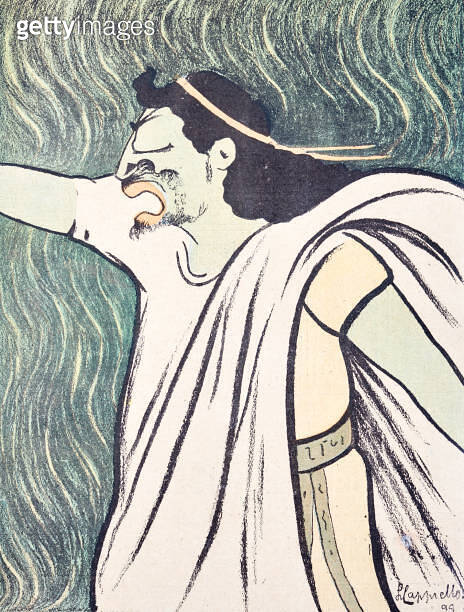 Actor with wide open mouth, side view, eyelid closed, right arm ...