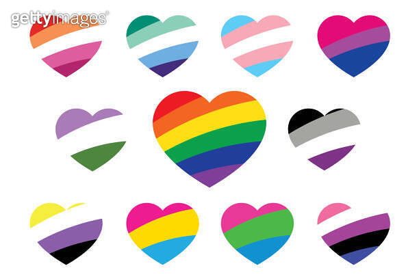 LGBTQIA heart shape pride flag flat design icon set. Pride month ...