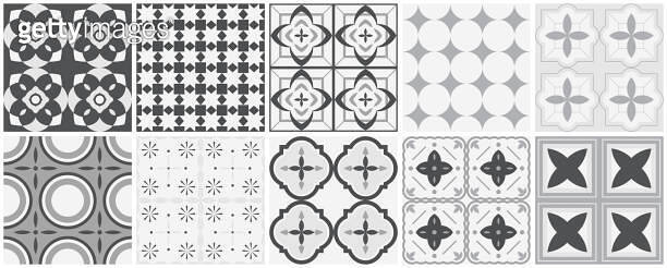Collection of monochrome seamless geometric mosaic patterns - vintage ...