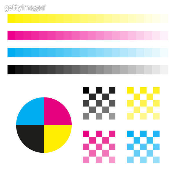 CMYK color chart. Gradient bars and checker patterns. Vector ...