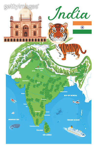 Cartoon map of India 이미지 (1952157603) - 게티이미지뱅크