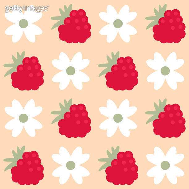 Simple summer pattern with flowers and raspberries. Geometric retro ...