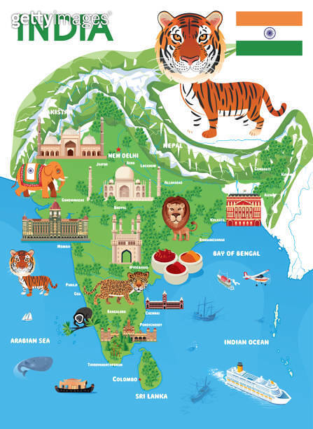 Cartoon map of India (1952155503) 일러스트, 무료 일러스트 - 게티이미지뱅크
