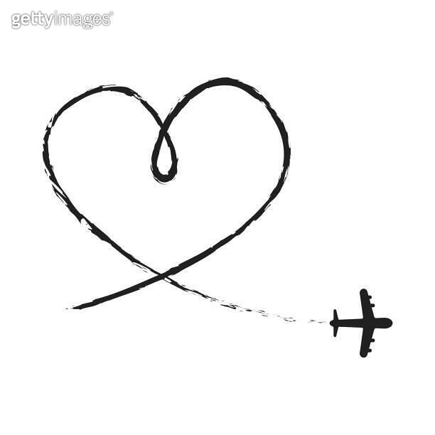 Airplane heart trail. Love travel vector. Black sketch illustration ...