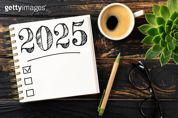 New year resolutions 2025 on desk. 2025 resolutions list with notebook ...