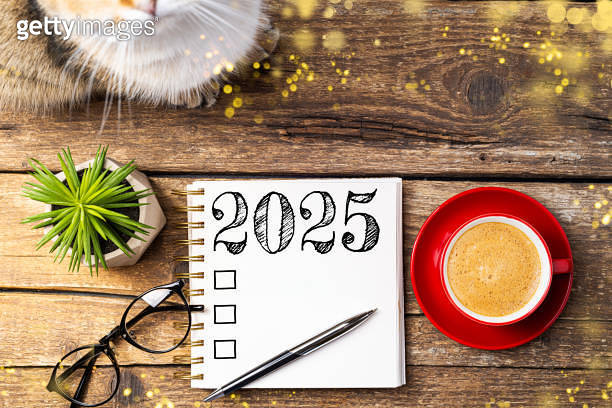 New year goals 2025 on desk. 2025 goals list with notebook, cute cat ...