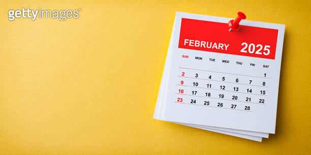 White Sticky Note With 2025 February Calendar And Red Push Pin On Blue ...