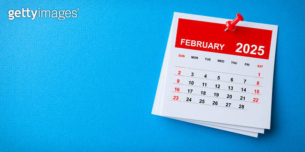 White Sticky Note With 2025 February Calendar And Red Push Pin On Blue ...