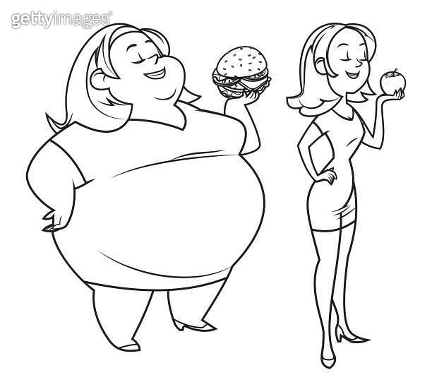 Before and after weight loss. An overweight woman stands in front of a ...