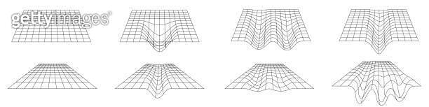 3D mesh plane set. Distorted perspective grid collection. Abstract ...
