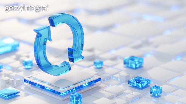 Two round arrows icon - update symbol. 3d blue glass update, refresh ...