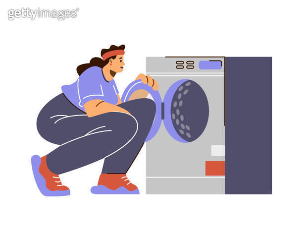 Woman customer looking for washing or drying machines, vector cartoon ...
