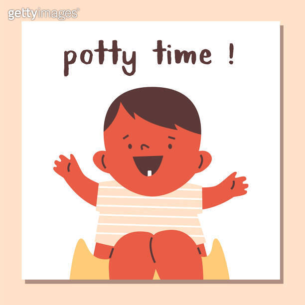 Potty time vector poster, cartoon cute baby boy sitting on potty and ...