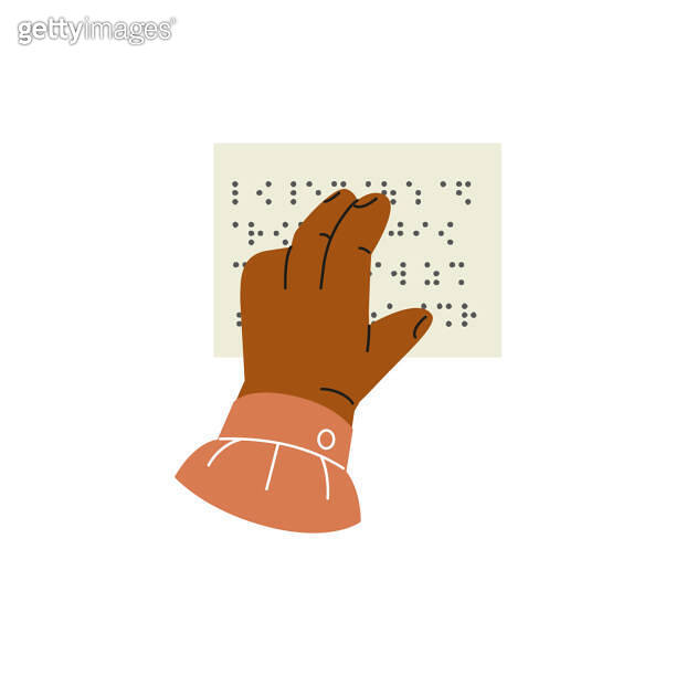Braille language, person finger drives on points, reading text on sheet ...