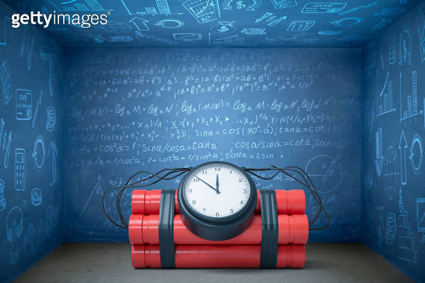 3d rendering of huge time bomb lying on floor in blue room with walls ...