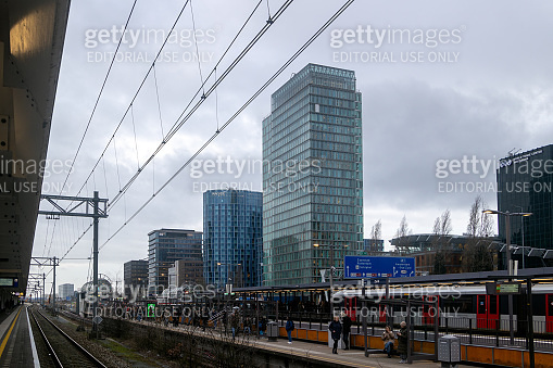 Glass tower buildings in the financial center of the city of Amsterdam ...