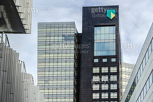 Glass tower buildings in the financial center of the city of Amsterdam ...