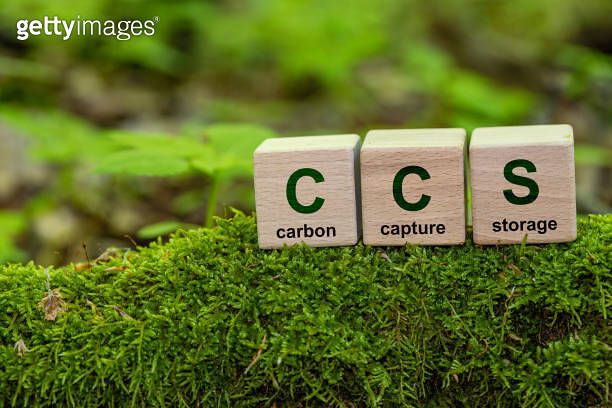 Symbol CCS for Carbon Capture Storage words CCS on a wood cube on the ...