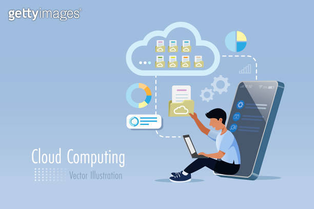 Cloud computing wireless data service. Man working on digital folder and files sharing between ...