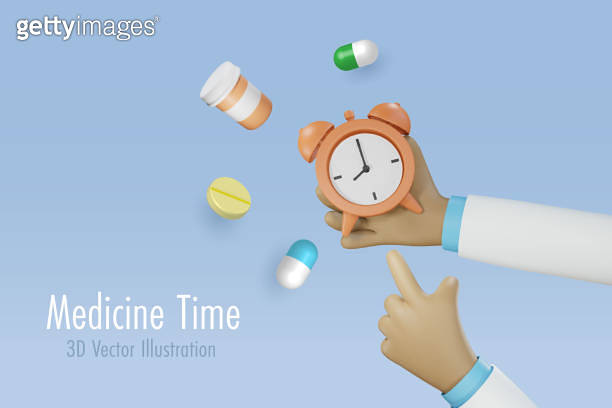 Medicine time reminder. Doctor hold alarm clock remind patient to take ...