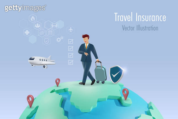 Travel insurance. Businessman passenger carry luggage on world with ...