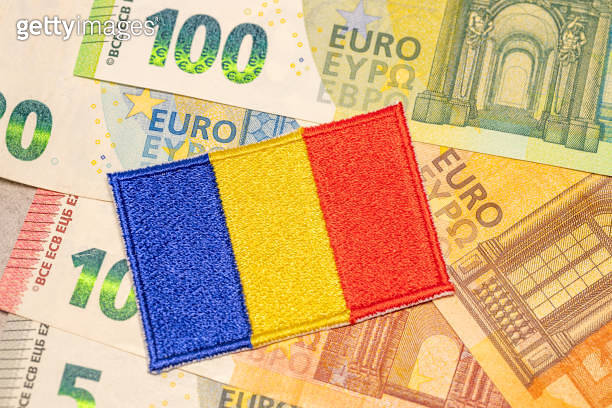 Euro banknotes and Romanian flag Concept, Conversion of Romanian lei to ...