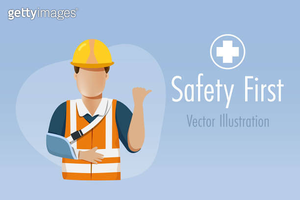 Safety first, accident at construction site. Broken arm industrial ...