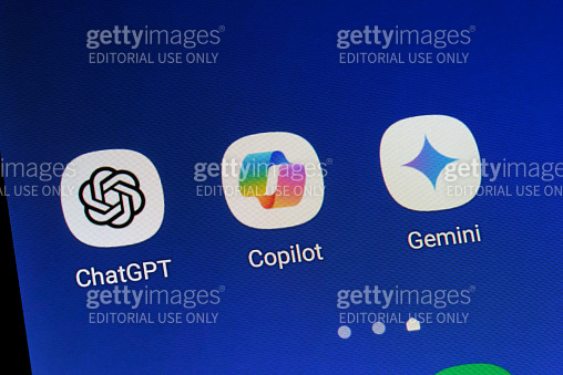 AI Chatbots: OpenAI ChatGPT, Microsoft Copilot, Google Gemini Smartphone Apps Icons Blue 이미지 ...
