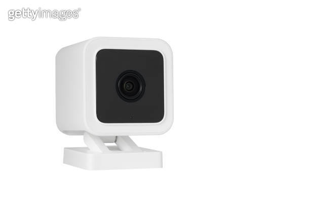 Angled View of White Cube Shaped Smart Home Camera / Webcam on Swivel ...