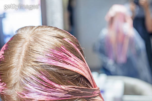 stylist creates thin roots of hair dyed in bright pink, purple and ...
