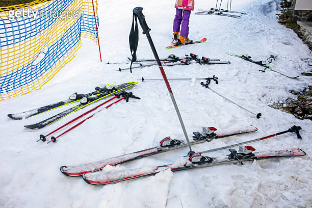 skis taken off on a downhill slope. Active recreation 이미지 (2153174546 ...