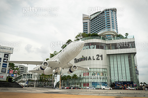 Front of the new modern shopping mall Terminal 21, concept depicting an ...