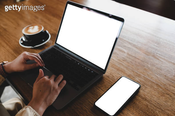 Mockup image computer labtop blank screen and phone blank screen on ...