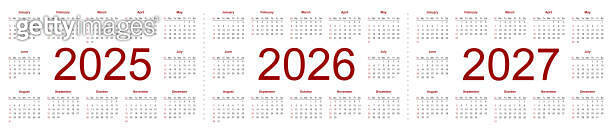 Simple editable vector calendars for year 2025, 2026, 2027. Week starts ...