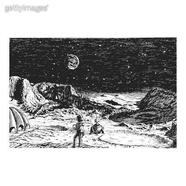 Moon base view, inspirational science poster, sketch in retro ...