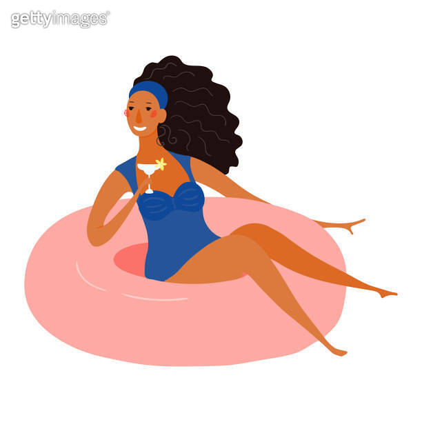 Young woman in swimsuit, riding pool float cute cartoon character ...