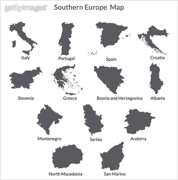 Southern Europe country Map. Map of Southern Europe in set grey color ...