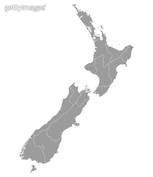 New Zealand map. Map of New Zealand in administrative provinces in grey ...