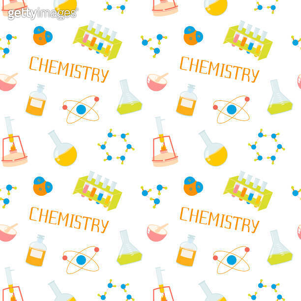 Seamless pattern design with chemistry illustrations and lettering ...