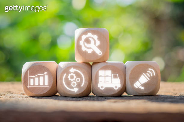 Value chain concept, Wooden block on desk with value chain icon on ...