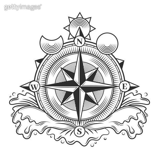 Compass tattoo. Minimalist black astrological amulet with arrow and sun ...