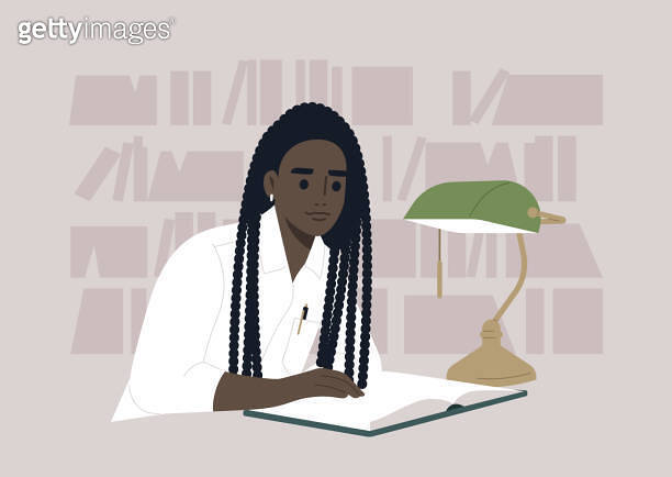 Studious Individual Reading in a Cozy Library With Lamp Light in the ...